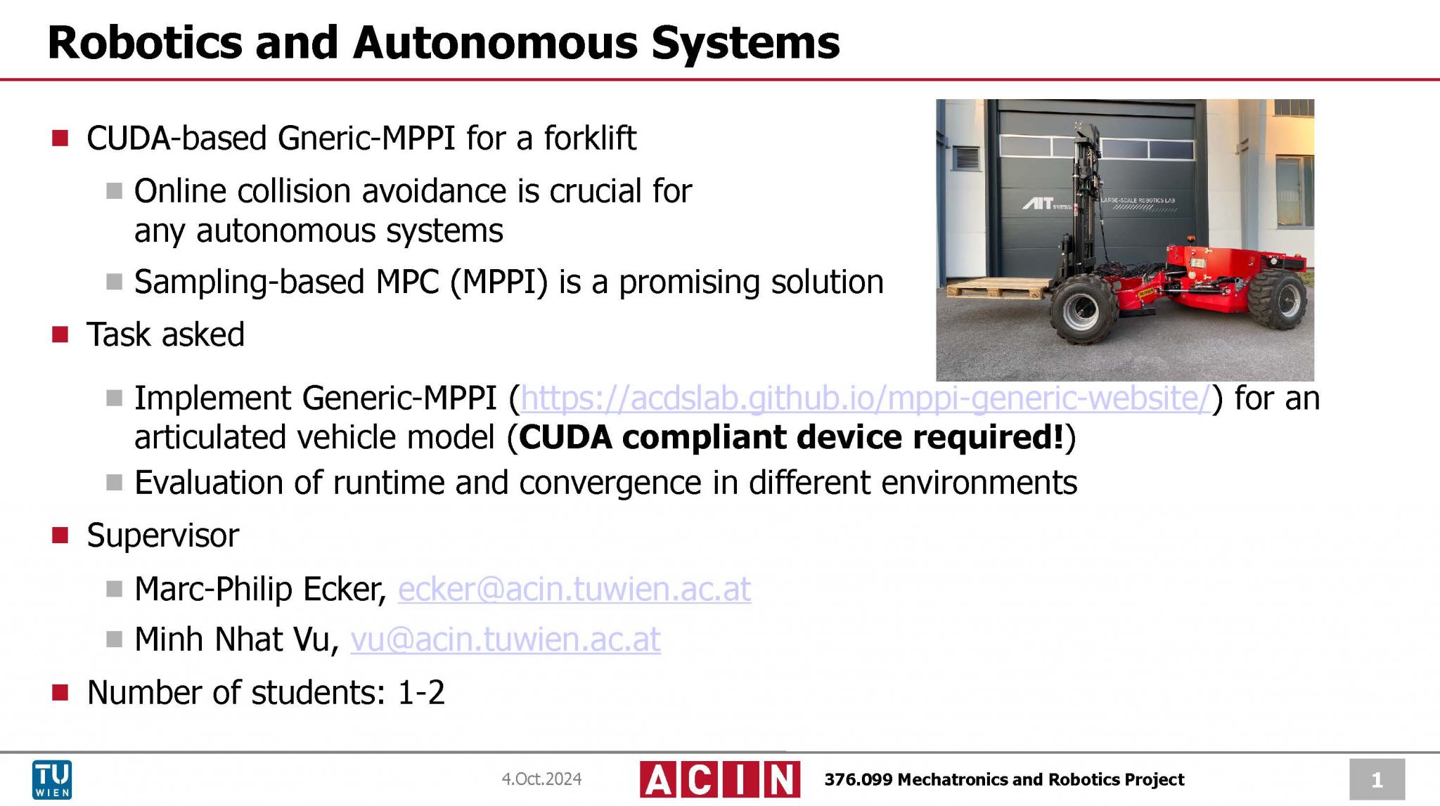 Project Proposals: Robotics and Autonomous Systems – Automation & Control Institute